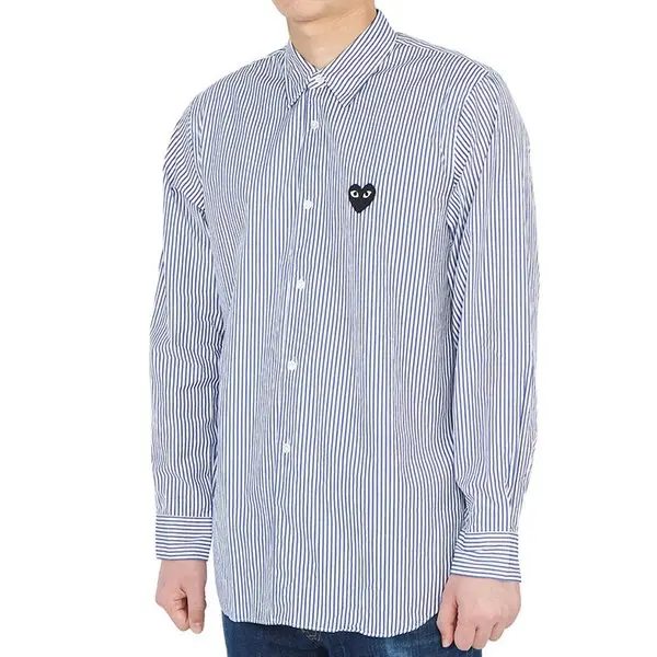 Play Comme Des Garcon Black Emblem Striped Button Down Shirt - Blue