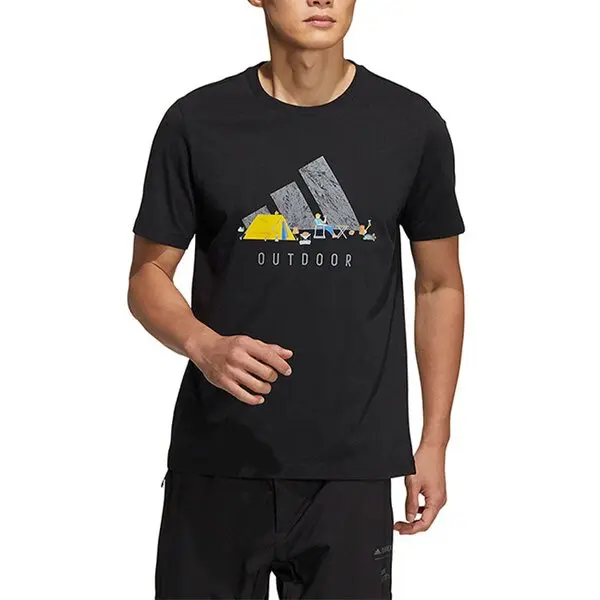 Adidas Printing Logo Solid Color Round Neck Short Sleeve Black T-shirt