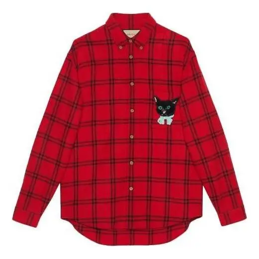 Gucci Check Wool Shirt With Cat Patch - Red