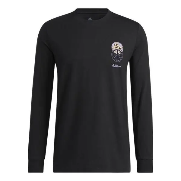 Adidas Back Alphabet Printing Cotton Knit Round Neck Pullover Long Sleeves Black T-shirt - Default Color