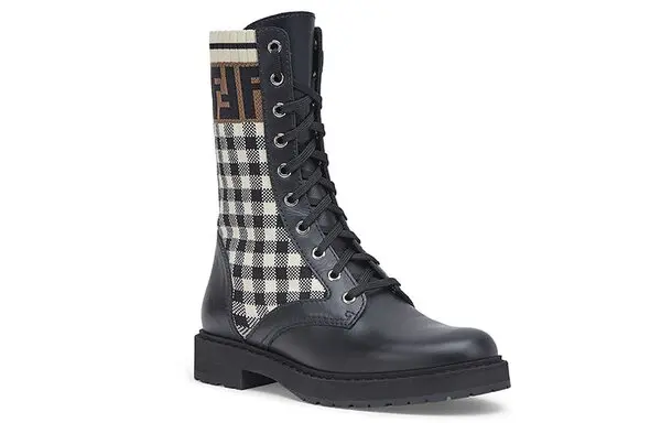 Fendi Black Leather And Gingham Knit Combat Boots
