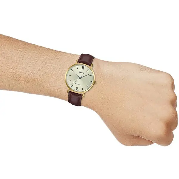 Casio Quartz Water Resistant Analog Watch With Leather Strap - Brown