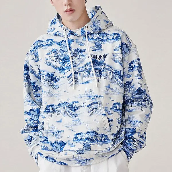 LI-NING Blue And White Porcelain Print Loose Pullover Hoodie