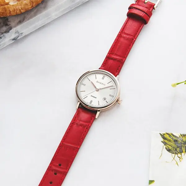 Casio Sheen Quartz Watch With Sapphire Crystal And Leather Strap - Red