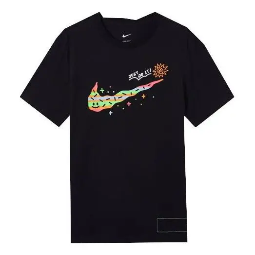 Nike Printing Large Logo Casual Round Neck Short Sleeve Black T-shirt - Multi-color