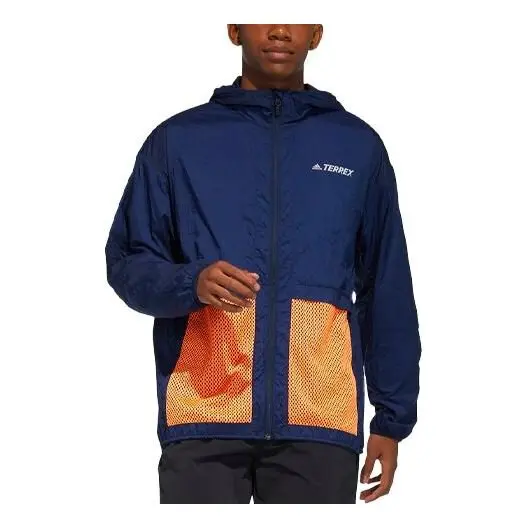 Adidas Windbreaker Jacket With Contrasting Mesh Pockets - Blue