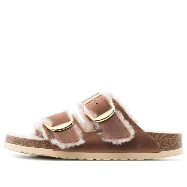 BIRKENSTOCK Arizona Big Buckle Shearling Oiled Leather Slides - Brown