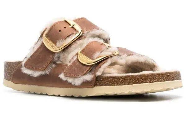 BIRKENSTOCK Arizona Big Buckle Shearling Oiled Leather Slides - Brown