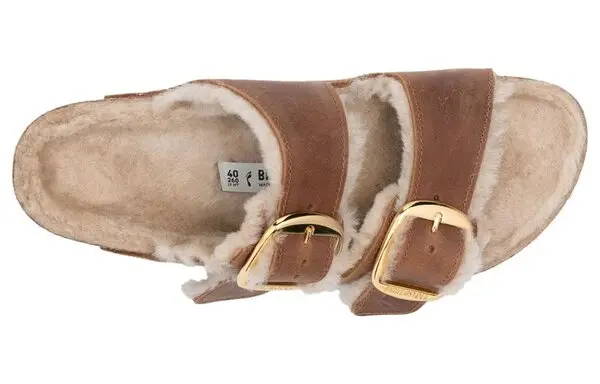 BIRKENSTOCK Arizona Big Buckle Shearling Oiled Leather Slides - Brown