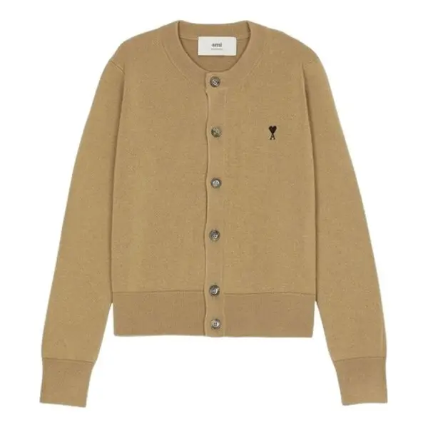 AMI Paris Embroidered Logo Cardigan - Camel
