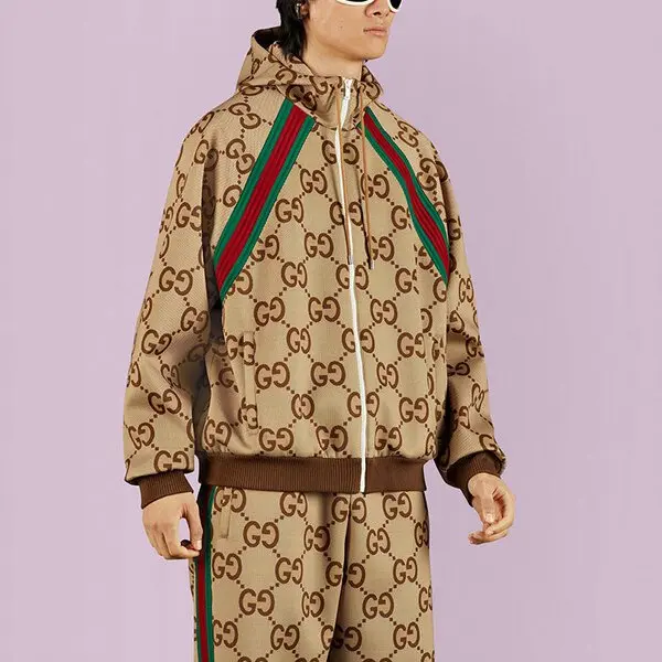Gucci Jumbo Gg Zip Jacket With Web Detail - Beige/ebony