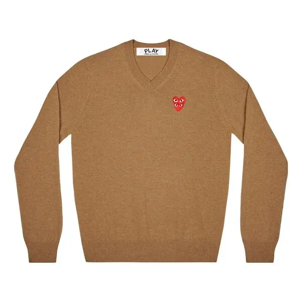 Play Comme Des Garcon V-neck Pullover With Red Emblem - Brown