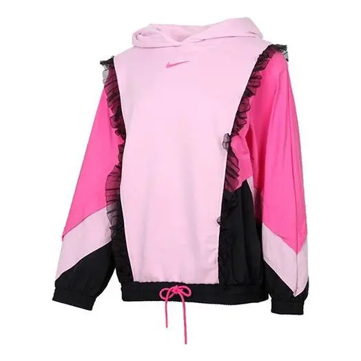 Nike New Year Contrast Color Stitching Lace Fleece Lined Stay Warm Pullover Hoodie Light Pink - Default Color