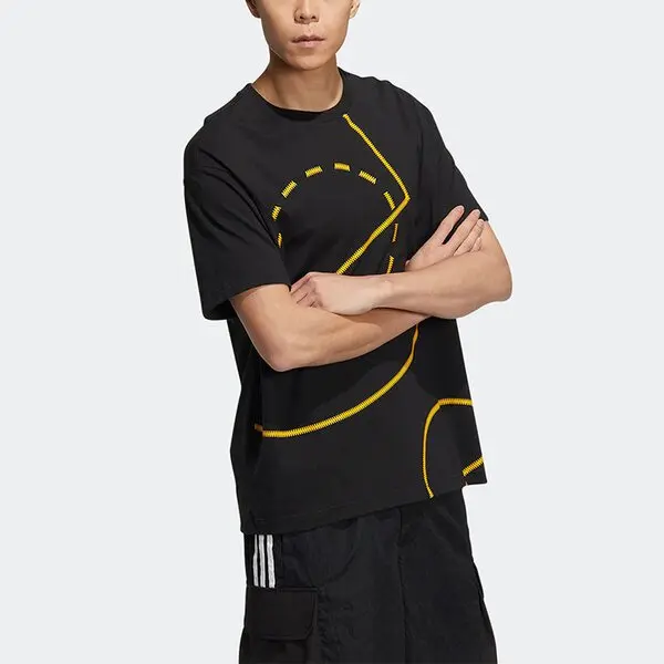 Adidas Neo Geometry Pattern Printing Round Neck Short Sleeve Black T-shirt