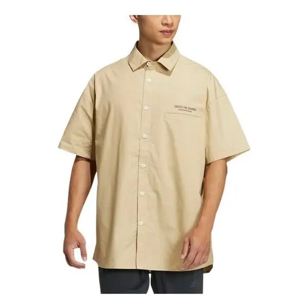 Adidas Back Alphabet Printing Pattern Lapel Short Sleeve Khaki Shirt