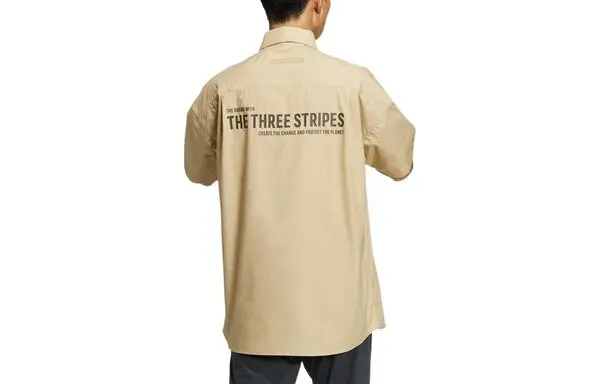 Adidas Back Alphabet Printing Pattern Lapel Short Sleeve Khaki Shirt