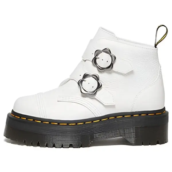 Dr. Martens Devon Flower Buckle Leather Platform Boots - White/black