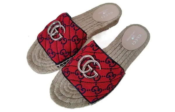 Gucci Gg Matelass Canvas Espadrille Slide Sandals - Red/ebony