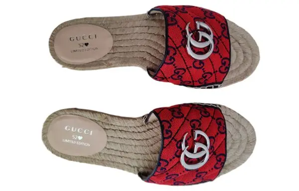 Gucci Gg Matelass Canvas Espadrille Slide Sandals - Red/ebony