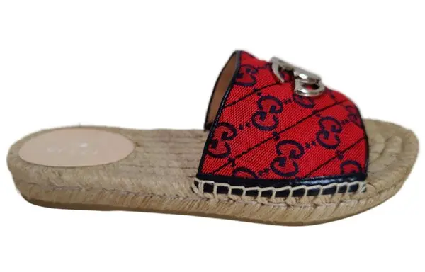 Gucci Gg Matelass Canvas Espadrille Slide Sandals - Red/ebony