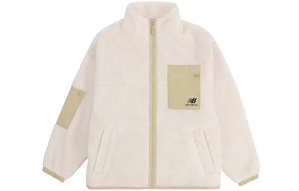 NEW BALANCE Splicing Retro Stand Collar Knit Lamb's Wool Short Beige Jacket