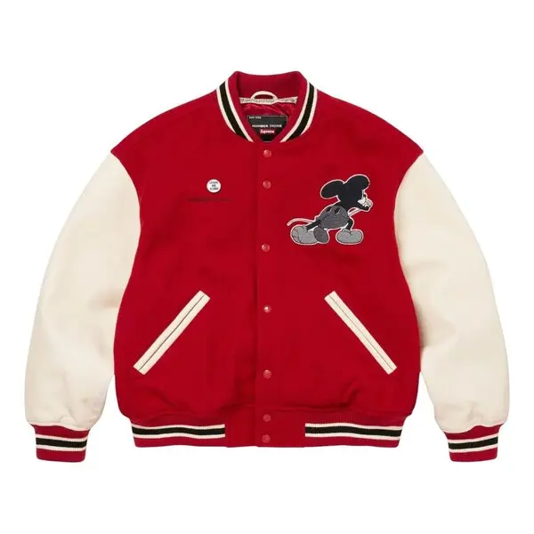 Supreme X Number Ine Mickey Varsity Jacket - Red