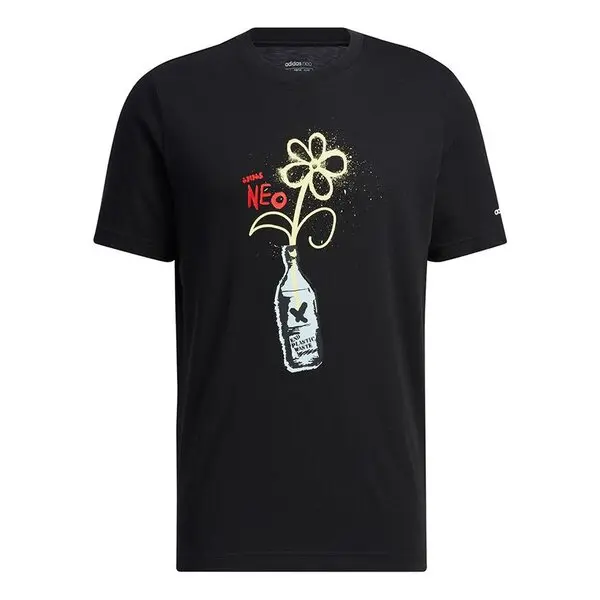 Adidas Neo M July Tee 1 Cartoon Printing Sports Round Neck Short Sleeve - Black