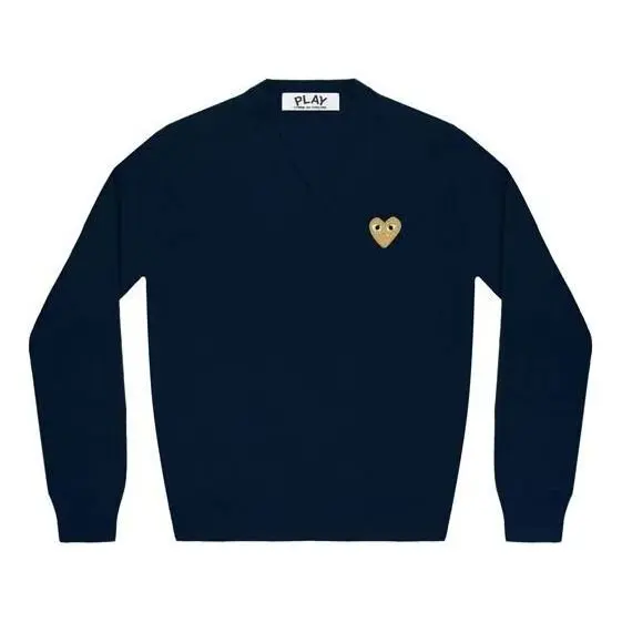 Play Comme Des Garcon V-neck Pullover With Gold Emblem - Navy