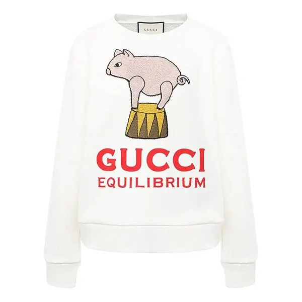 Gucci Pure Cotton Round Neck Hoodie With Piggy Cartoon Print - White