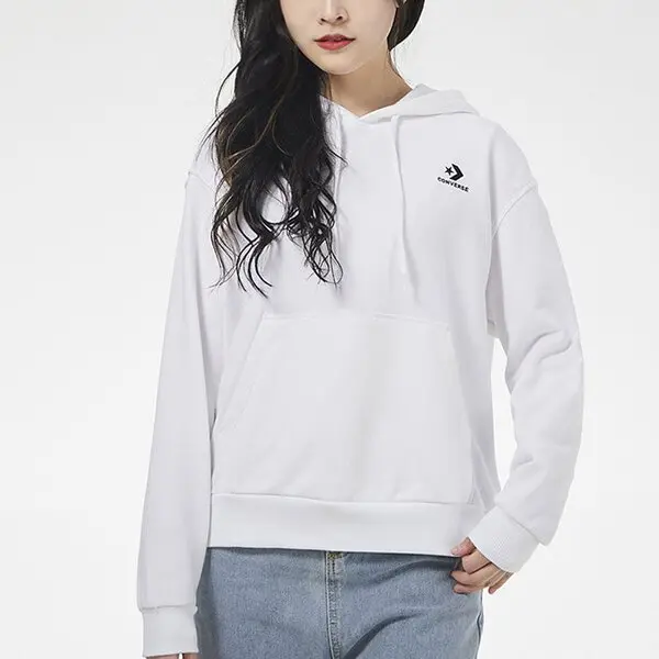 CONVERSE Small Logo Hooded Long Sleeve Sweater - White