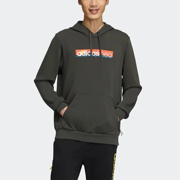 Adidas Neo Multi-color Printing Logo Casual Hooded Pullover - Dark Brown