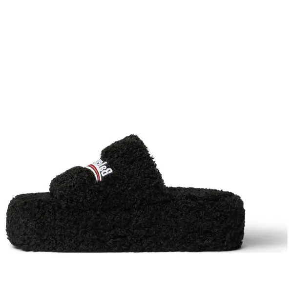 Balenciaga Furry Platform Slides - Black/white/red