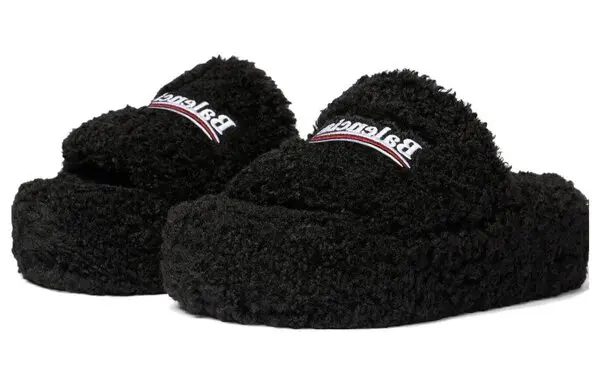 Balenciaga Furry Platform Slides - Black/white/red