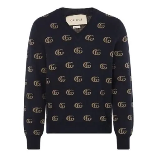 Gucci Double G Jacquard Wool V-neck Sweater - Navy