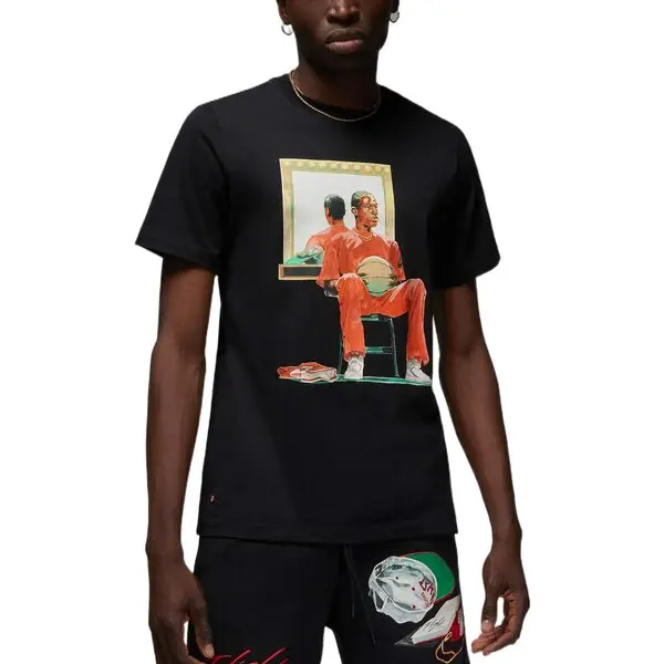 JORDAN Solid Color Character Pattern Printing Round Neck Short Sleeve Black T-shirt