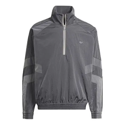 Adidas Originals Blue Version Series Casual Half Zipper Stand Collar Jacket Gray - Default Color
