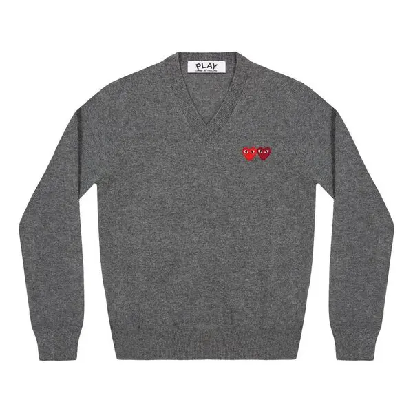 Play Comme Des Garcon V-neck Pullover With Double Emblem - Grey