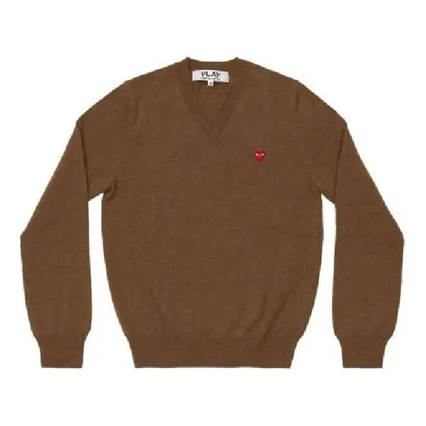 Play Comme Des Garcon V-neck Pullover With Small Red Heart Applique - Brown