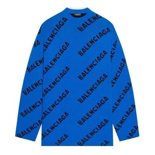 Balenciaga All Over Logo Crewneck Wool Knit Sweater - Blue