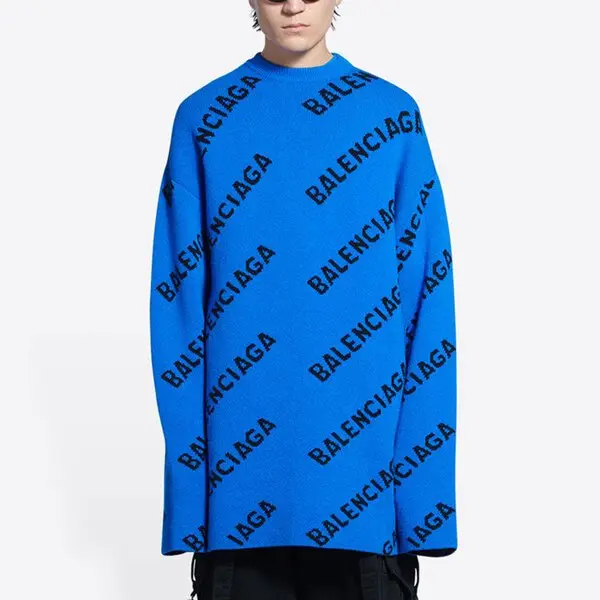Balenciaga All Over Logo Crewneck Wool Knit Sweater - Blue
