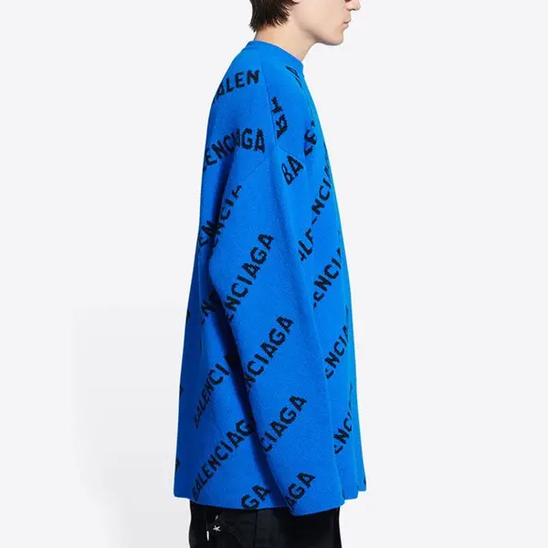 Balenciaga All Over Logo Crewneck Wool Knit Sweater - Blue