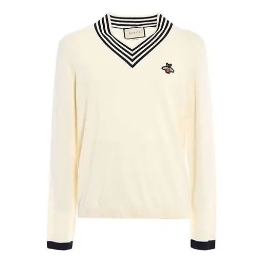 Gucci V-neck Wool Knit With Bee Applique - White/black