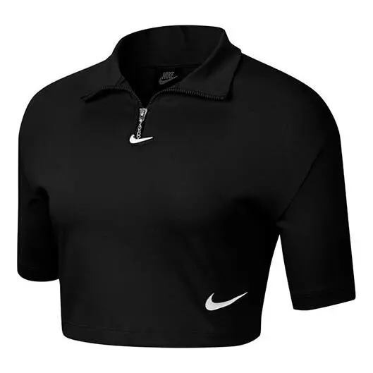 Nike Swoosh Cropped Zip-up Short Sleeve Top - Black