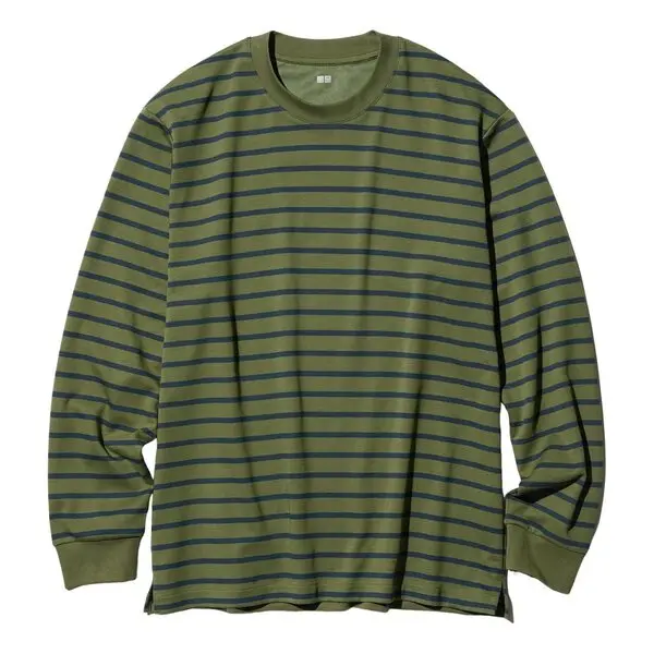 Uniqlo Cotton Striped Crew Neck T-shirt Long Sleeve - Olive