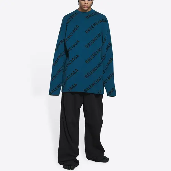 Balenciaga All Over Logo Crewneck Wool Knit Sweater