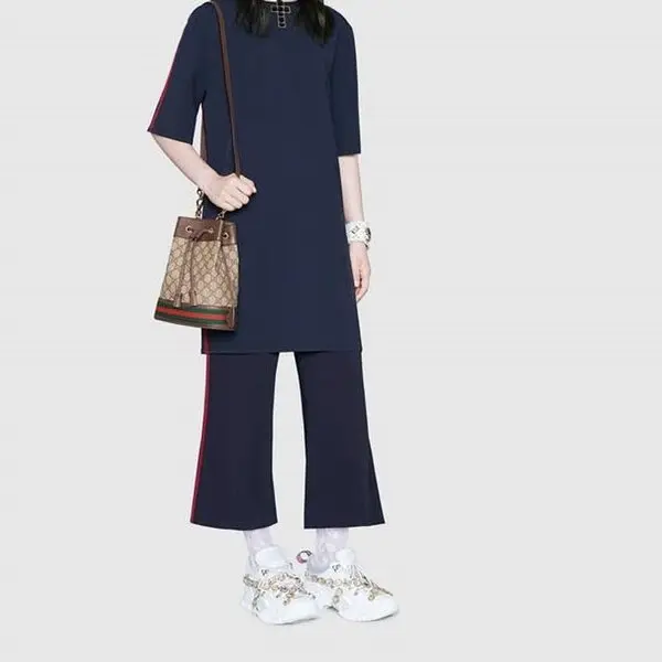 Gucci Ophidia Logo Stripe Webbing Canvas Drawstring Handbag - Creamy