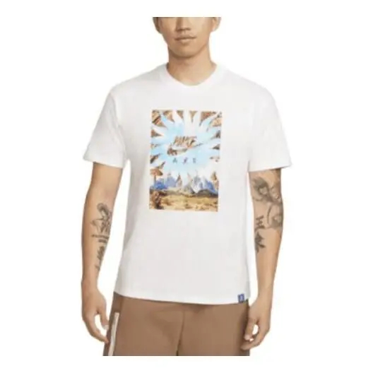 Nike Landscape Logo Printing Round Neck Casual Short Sleeve White T-shirt - Multi-color