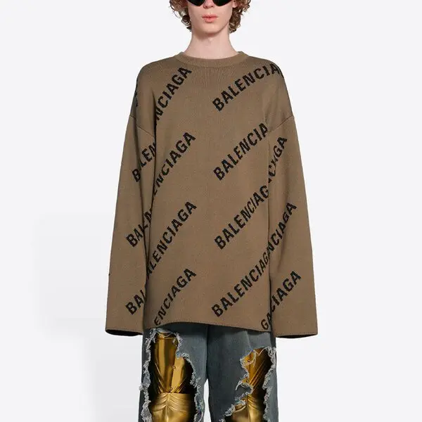 Balenciaga All Over Logo Crewneck Wool Knit Sweater - Light Brown