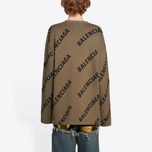 Balenciaga All Over Logo Crewneck Wool Knit Sweater - Light Brown