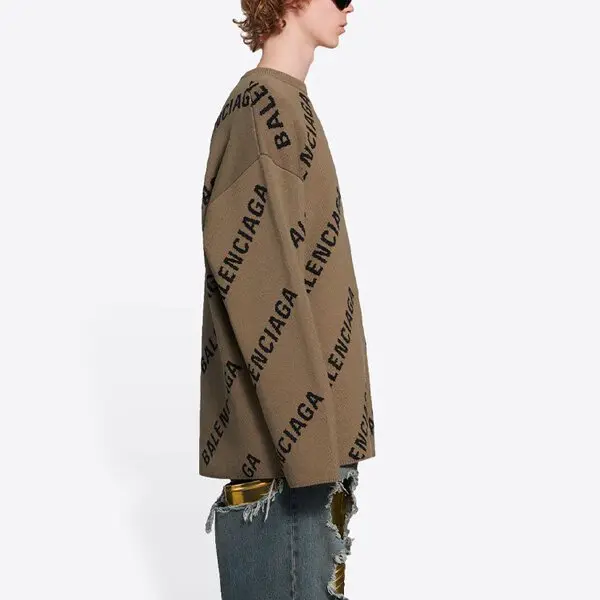 Balenciaga All Over Logo Crewneck Wool Knit Sweater - Light Brown